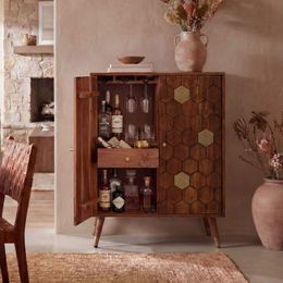 FineBuy Hausbar Massivholz 75cm Barschrank Weinschrank Waben Muster Bar M&ouml;bel Handmade