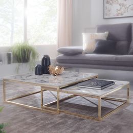 Couchtisch 2er Set FineBuy Satztisch Wei&szlig; Marmor Optik Modern Metallgestell