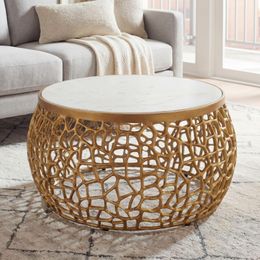 FineBuy Design Metall Couchtisch mit Marmor Platte wei&szlig; Wohnzimmertisch Gold rund 60cm
