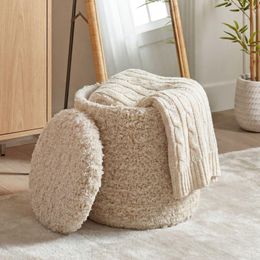 FineBuy Sitzhocker mit Stauraum Wolle 40cm Beige Stoffhocker Rund Polsterhocker Stoff