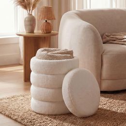 FineBuy Sitzhocker mit Stauraum Teddy Stoff 40cm Creme Stoffhocker Rund Polsterhocker