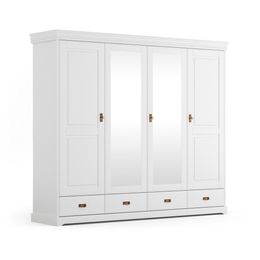 Empinio24 Kleiderschrank 4-t&uuml;rig 253 cm mit Spiegel Kiefer massiv wei&szlig; Tirol