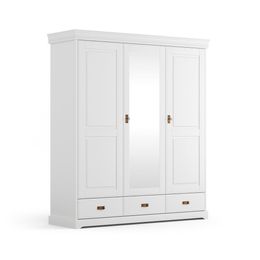 Empinio24 Kleiderschrank 3-t&uuml;rig 192 cm mit Spiegel Kiefer massiv wei&szlig; Tirol