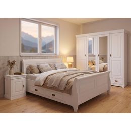 Empinio24 Schlafzimmer Tirol Kiefer massiv wei&szlig; Schrank 4-trg. Bett 2x Nachtkommoden 140x200 cm