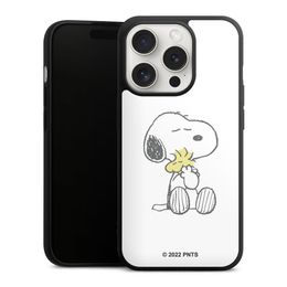 DeinDesign iPhone 15 Pro Handy Premium Silikon H&uuml;lle Handyh&uuml;lle schwarz Case Snoopy Love Peanuts Silikon Premium Case