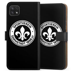 DeinDesign Galaxy A22 5G Handy Klapph&uuml;lle Handyh&uuml;lle aus Kunst Leder schwarz Flip Case Logo Sv Darmstadt 98 Official Licensed Product Sideflip mit langer Lasche