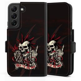 DeinDesign Galaxy S22 Handy Klapph&uuml;lle Handyh&uuml;lle aus Kunst Leder schwarz Flip Case Rock Totenkopf Music Sideflip mit langer Lasche