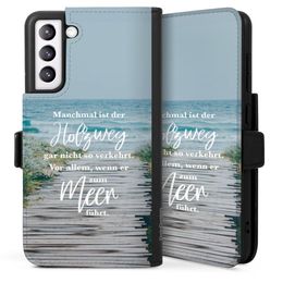 DeinDesign Galaxy S21 FE 5G Handy Klapph&uuml;lle Handyh&uuml;lle aus Kunst Leder schwarz Flip Case Statement Beach Spruch Sideflip mit Lasche