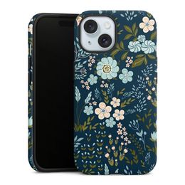 DeinDesign iPhone 15 Handy Panzer Handyh&uuml;lle robuste Outdoor H&uuml;lle Schutzh&uuml;lle matt Blue Muster Flowers Tough Case
