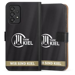 DeinDesign Galaxy A33 5G Handy Klapph&uuml;lle Handyh&uuml;lle aus Kunst Leder schwarz Flip Case Thw Kiel Handball Merchandise Sideflip mit langer Lasche