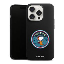 DeinDesign iPhone 15 Pro Handy Premium Silikon H&uuml;lle Handyh&uuml;lle schwarz Case Peanuts Weltall Snoopy Silikon Premium Case
