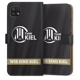 DeinDesign Galaxy A22 5G Handy Klapph&uuml;lle Handyh&uuml;lle aus Kunst Leder schwarz Flip Case Thw Kiel Handball Merchandise Sideflip mit langer Lasche