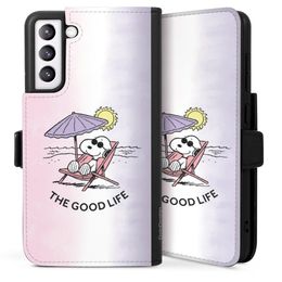DeinDesign Galaxy S21 FE 5G Handy Klapph&uuml;lle Handyh&uuml;lle aus Kunst Leder schwarz Flip Case Snoopy Official Licensed Product Peanuts Sideflip mit Lasche