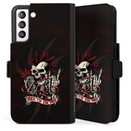 DeinDesign Galaxy S21 FE 5G Handy Klapph&uuml;lle Handyh&uuml;lle aus Kunst Leder schwarz Flip Case Rock Totenkopf Music Sideflip mit Lasche
