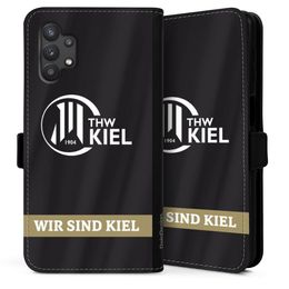 DeinDesign Galaxy A32 5G Handy Klapph&uuml;lle Handyh&uuml;lle aus Kunst Leder schwarz Flip Case Thw Kiel Handball Merchandise Sideflip mit langer Lasche