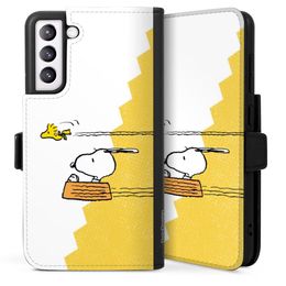 DeinDesign Galaxy S21 FE 5G Handy Klapph&uuml;lle Handyh&uuml;lle aus Kunst Leder schwarz Flip Case Snoopy Peanuts Children Sideflip mit Lasche