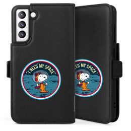 DeinDesign Galaxy S21 FE 5G Handy Klapph&uuml;lle Handyh&uuml;lle aus Kunst Leder schwarz Flip Case Peanuts Weltall Snoopy Sideflip mit Lasche