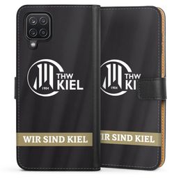 DeinDesign Galaxy A12 Handy Klapph&uuml;lle Handyh&uuml;lle aus Kunst Leder schwarz Flip Case Thw Kiel Handball Merchandise Sideflip mit langer Lasche
