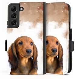 DeinDesign Galaxy S22 Handy Klapph&uuml;lle Handyh&uuml;lle aus Kunst Leder schwarz Flip Case Pet Dachshund Dog Sideflip mit langer Lasche