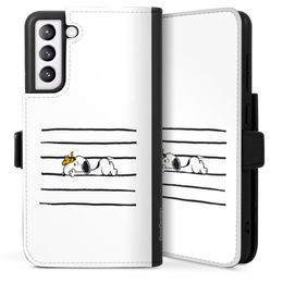 DeinDesign Galaxy S21 FE 5G Handy Klapph&uuml;lle Handyh&uuml;lle aus Kunst Leder schwarz Flip Case Snoopy Dog Peanuts Sideflip mit Lasche