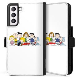 DeinDesign Galaxy S21 FE 5G Handy Klapph&uuml;lle Handyh&uuml;lle aus Kunst Leder schwarz Flip Case Merchandise Kindheit Peanuts Sideflip mit Lasche