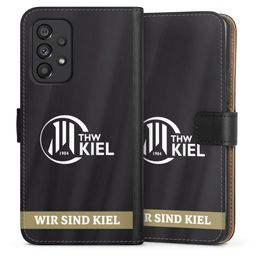DeinDesign Galaxy A53 5G Handy Klapph&uuml;lle Handyh&uuml;lle aus Kunst Leder schwarz Flip Case Thw Kiel Merchandise Handball Sideflip mit langer Lasche