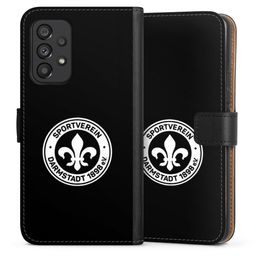 DeinDesign Galaxy A53 5G Handy Klapph&uuml;lle Handyh&uuml;lle aus Kunst Leder schwarz Flip Case Sv Darmstadt 98 Official Licensed Product Logo Sideflip mit langer Lasche