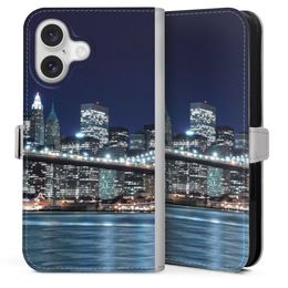 DeinDesign iPhone 16 Handy Klapph&uuml;lle Handyh&uuml;lle aus Kunst Leder wei&szlig; Flip Case Usa Brooklyn Bridge New York Sideflip mit Lasche