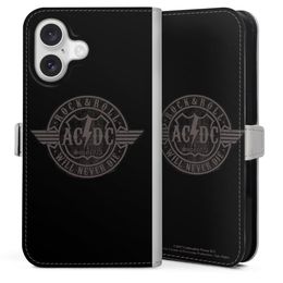DeinDesign iPhone 16 Handy Klapph&uuml;lle Handyh&uuml;lle aus Kunst Leder wei&szlig; Flip Case Rock Acdc Merchandise Sideflip mit Lasche
