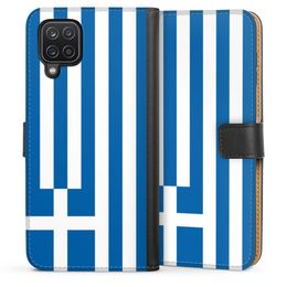 DeinDesign Galaxy A12 Handy Klapph&uuml;lle Handyh&uuml;lle aus Kunst Leder schwarz Flip Case Greece Flag Sideflip mit langer Lasche