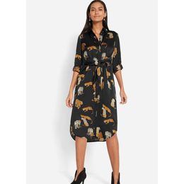bonprix Hemdblusenkleid aus flie&szlig;endem Satin, schwarz, Gr.42, Sch&ouml;nes Satin Hemdblusenkleid mit modernem Animal-Print