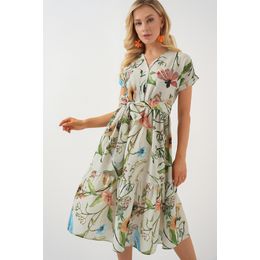 Bl&uuml;tendes V-Ausschnitt-Midi-Kleid mit Schleife