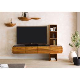 Wohnwand Akazie 204x40x145 natur lackiert / Marmor schwarz MONTREAL #140