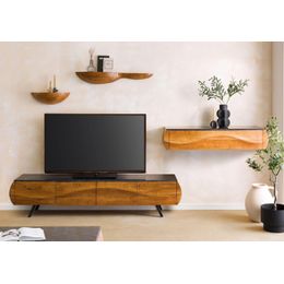 Wohnwand schwebend Akazie 204x40x45 natur lackiert / Marmor schwarz MONTREAL #144