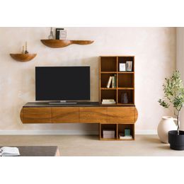 Wohnwand Akazie 204x40x145 natur lackiert / Marmor schwarz MONTREAL #142