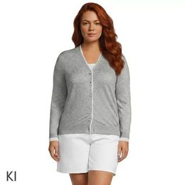 LANDS' END Feinstrick-Baumwollcardigan mit unterlegtem Ausschnitt in Plus-Gr&ouml;&szlig;e, Damen, size: plus, Grau, Baumwolle, by Lands' End