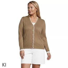 LANDS' END Feinstrick-Baumwollcardigan mit unterlegtem Ausschnitt in Plus-Gr&ouml;&szlig;e, Damen, size: plus, Beige, Baumwolle, by Lands' End