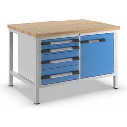 eurokraft pro Werkbank, Gestellbauweise Serie 8000, 4 Schubladen: 2 x 90, 2 x 180 mm, 1 T&uuml;r 540 mm, BxT 1250 x 900 mm