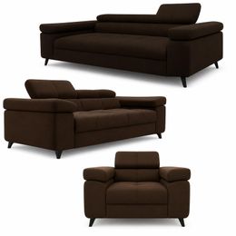 3-2-1 Sofa Set Utah Braun Velvet Premium Bettfunktion und verstellbaren Kopfst&uuml;tzen