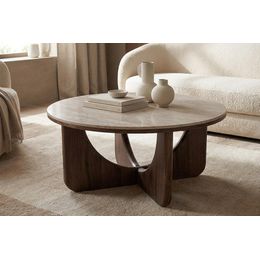 Riess Ambiente Runder Couchtisch ENSO 80cm champagner greige Travertin Keramik Walnussholz Riess-Ambiente Sofatisch Wohnzimmertisch Modern Natur
