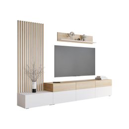 Mirjan24 Wohnwand, Wei&szlig;, Eiche, Kunststoff, 3 Schubladen, Rechteckig, 300x209x40 cm, Wohnzimmer, Wohnw&auml;nde, Anbauw&auml;nde