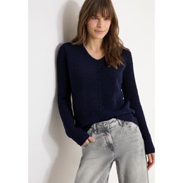 Cecil Damen Strickpullover, blau, Gr. L, unifarben, Strick, Obermaterial: 75% Baumwolle, 25% Polyester, Pullover, mit V-Auschnitt