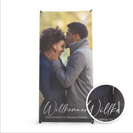 X-Banner Willkommensschild zur Hochzeit personalisierbar | Foto mit Schriftzug | 2 Gr&ouml;&szlig;en | inkl. X-Gestell | Hochzeitsbanner online selbst gestalten