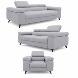 3-2-1 Sofa Set Utah Silbergrau Velvet Premium Bettfunktion und verstellbaren Kopfst&uuml;tzen