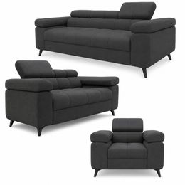 3-2-1 Sofa Set Utah Anthrazit Velvet Premium Bettfunktion und verstellbaren Kopfst&uuml;tzen