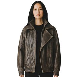 Damen braunes Kuhleder Big Bomber Biker Blouson Oversized Jacke &ndash; Krakau