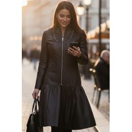 Damen-Ribet Goth Schwarzes Leder, viktorianischer Stachelmantel mit Flare &ndash; Nebel