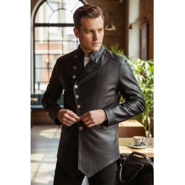 Herren Schwarze Leder-Mandarin-Milit&auml;r-Assymetrische Jacke &ndash; Silent