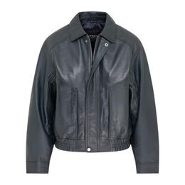 Damen-Marine-Leder-Biker-Bomber-Oversize-Jacke &ndash; Blouson