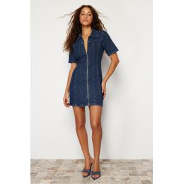 Damen Blau Unifarben Mini Kurzes L&auml;ssiges Figurbetontes Kleid